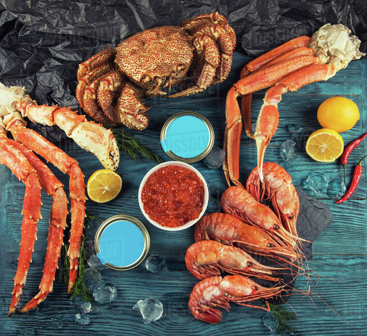 Red and black caviar, limb of hairy crab, limb of snow crab, far ...