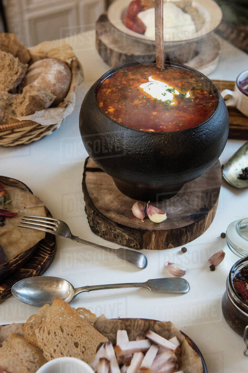 Russian food: borsch pickles cheese meat dumplings and fat - Stock ...