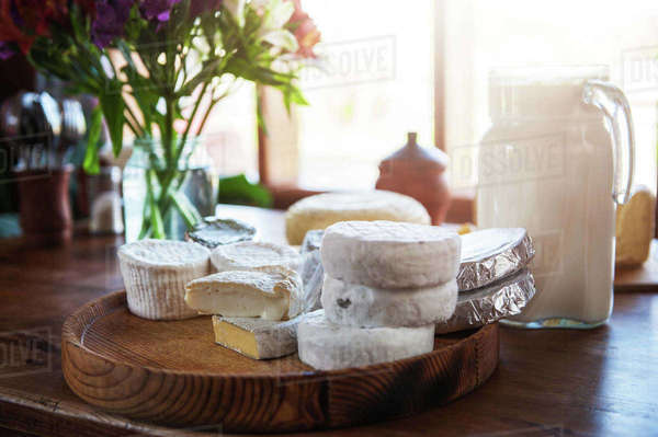 Set of different cheese: camembert, croton, mozzarella, smoked ...