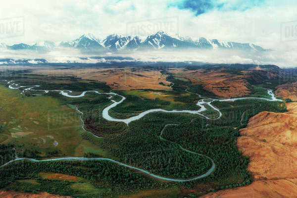 Kurai steppe and Chuya river on North-Chui ridge background. Altai ...