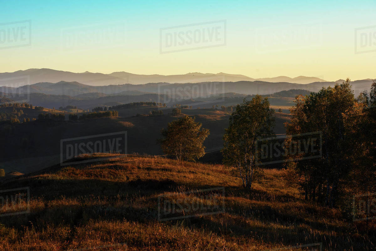 Beauty sunset in the mountains in Altay, panoramic picture. Autumn ...