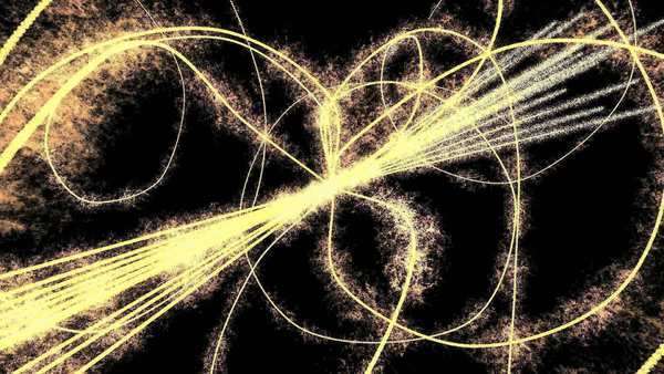 Animation of the tracks of particles produced in a collision, such as ...