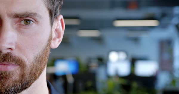 Close up of half of handsome Caucasian male face in coworking space ...