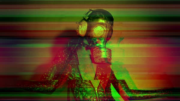 Beautiful and strange gas mask disco gogo dancer with overlayed glitch ...