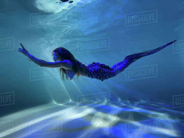 Beautiful young woman with mermaid tail swims and dives under sunlit ...