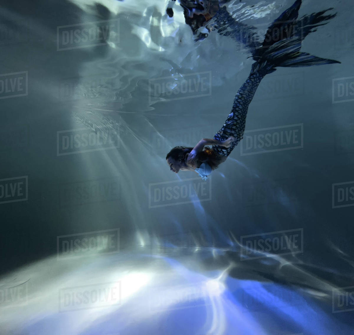 Beautiful young woman with mermaid tail swims and dives under sunlit ...