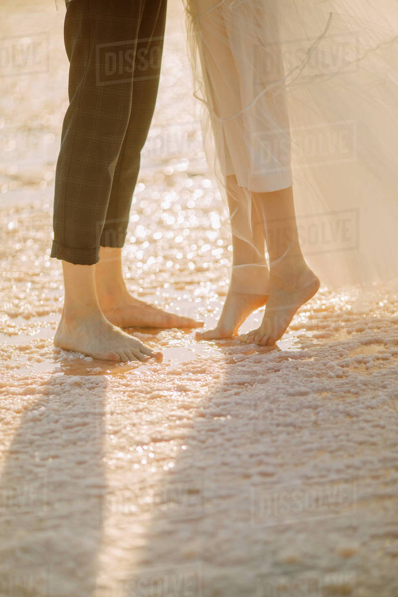 Barefoot legs of newlyweds are on the pink salty Genichesk lake in ...