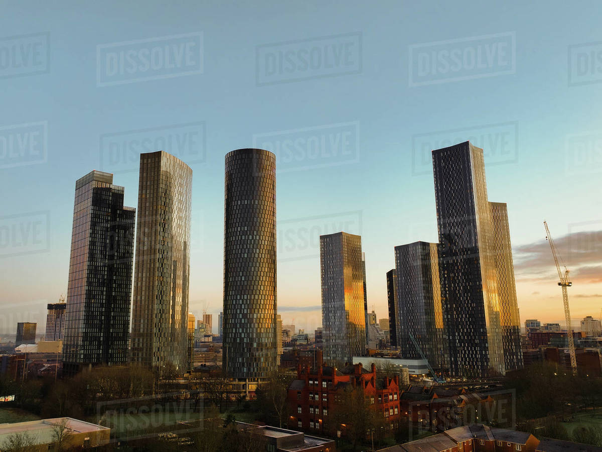 Aerial of Deansgate Square Manchester UK in the blue zone just before ...