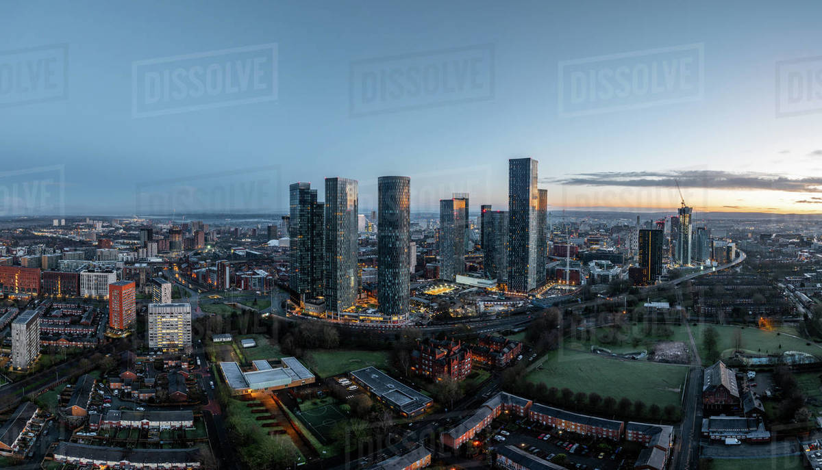 Aerial of Deansgate Square Manchester UK in the blue zone just before ...