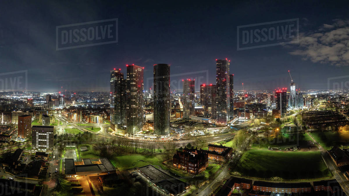 Aerial of Deansgate Square Manchester UK in the blue zone just before ...