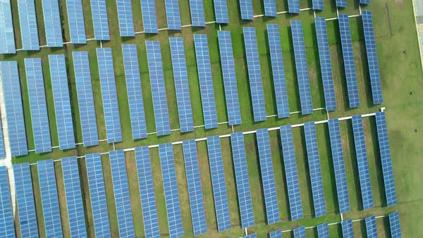 Aerial top down view of Solar Panels Farm (solar cell) with sunlight ...