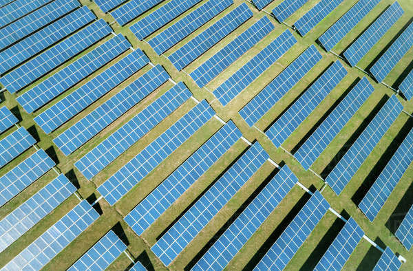 Aerial view of Solar Panels Farm Solar Cell Station. Production of ...