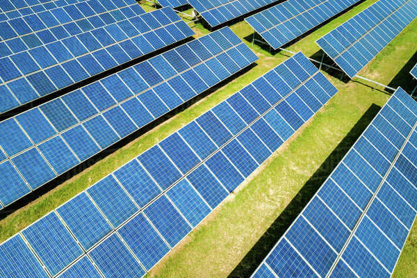 Aerial view of Solar Panels Farm Solar Cell Station. Production of ...