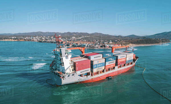 Aerial view of a RISE SHINE container cargo ship stands aground after a ...