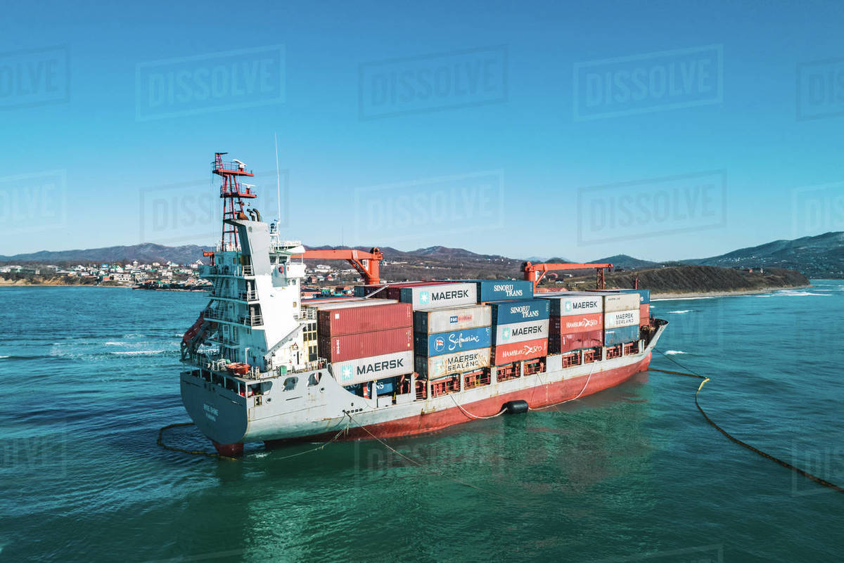 Aerial view of a RISE SHINE container cargo ship stands aground after a ...
