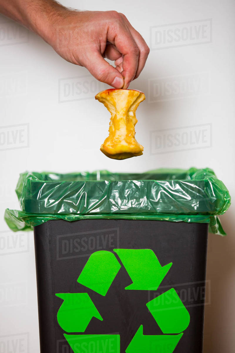 Hand putting apple stub in recycling bio bin. Person in a house kitchen ...