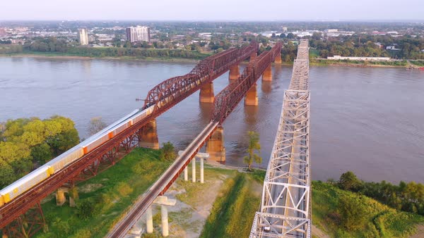 Aerial of landmark three steel bridges over the Mississippi River with ...
