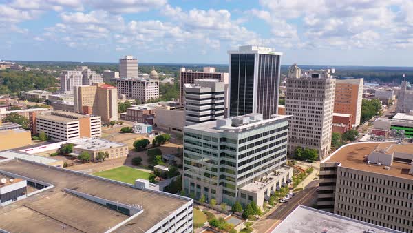 Good aerial establishing shot of buildings in the downtown business ...