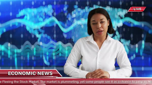 Woman newsreader presenting generic economic news on TV background ...