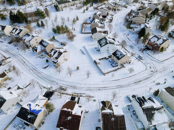 Panoramic top view on snow covered residential district home complex ...