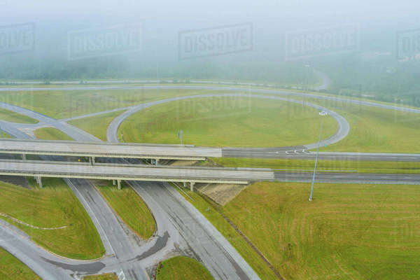 Panorama view of early morning foggy with bridge across US 65 Highway ...