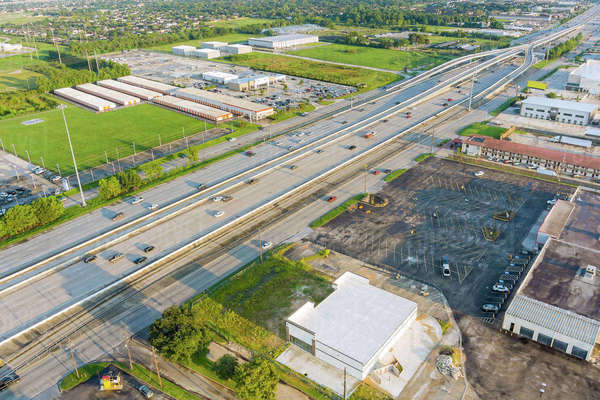 Aerial overlooking Houston city of beautiful highway Texas with traffic ...