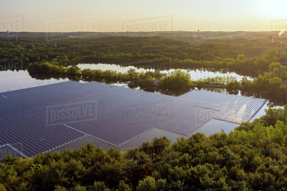 Aerial view of floating solar panels platform system on the lake with ...