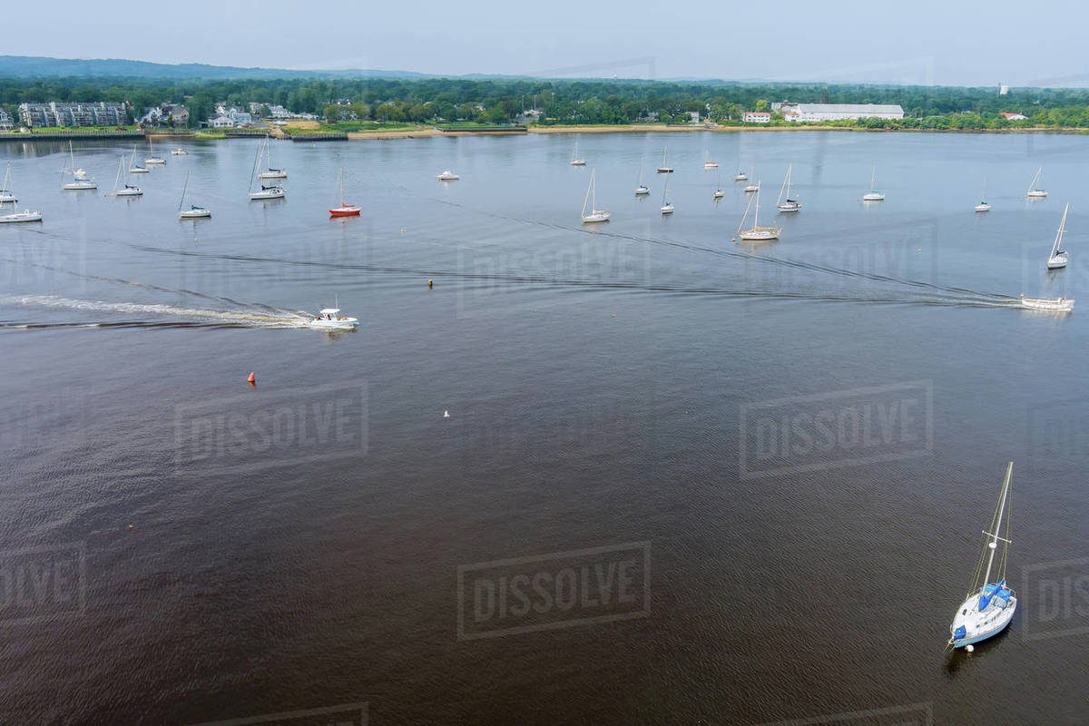 Aerial view of many boats at beautiful coast harbour the New Jersey in ...