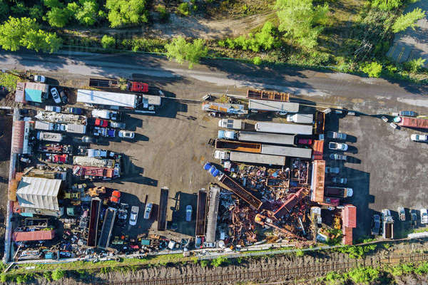 Panoramic view of metal plates a waste collected in a container in a ...