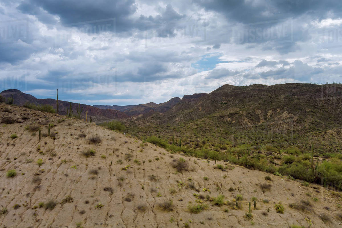 Aerial view rock mountains in the high desert in the of Arizona ...