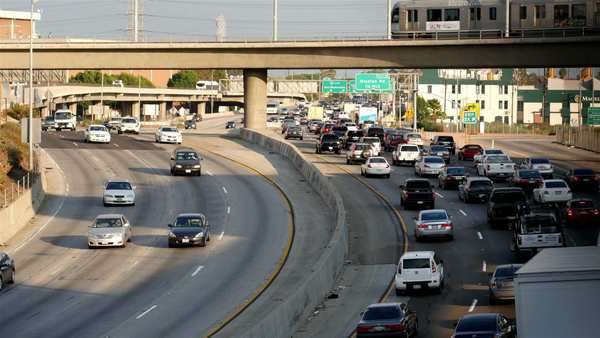 Overhead View of Traffic on Busy Freeway in Downtown Los Angeles ...