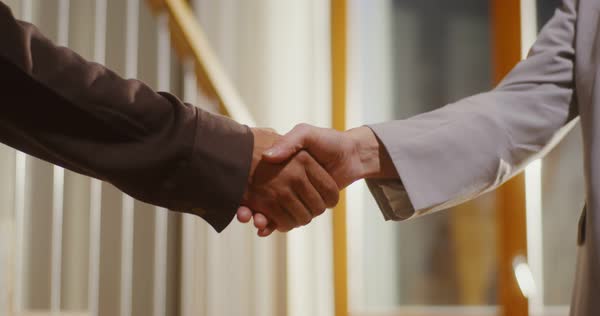 Two people shake hands, congratulating each other on a deal to buy and ...
