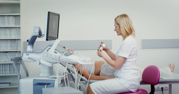 Ultrasound diagnosis of fetal development in a modern clinic. A young ...