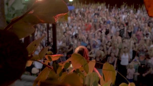 Crowd of people at a live concert dancing and jumping in unison - crane ...