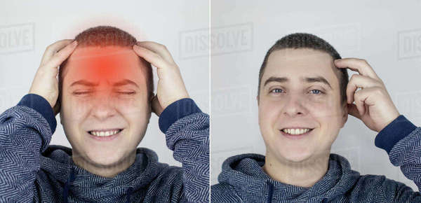 Before and after. On the left, the man indicates a headache, and on the ...