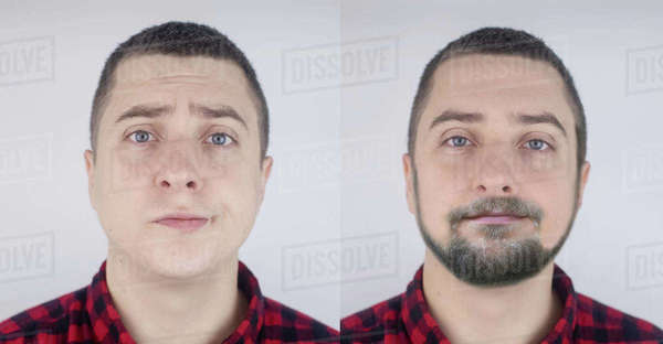 Before and after. On the left is a man without facial hair. On the ...