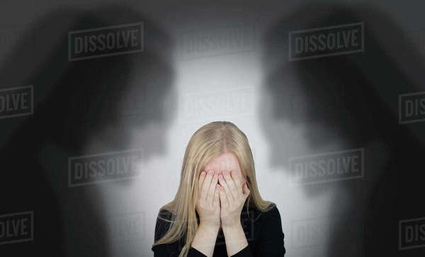 The woman is experiencing a panic attack. The concept of phobia, fears ...