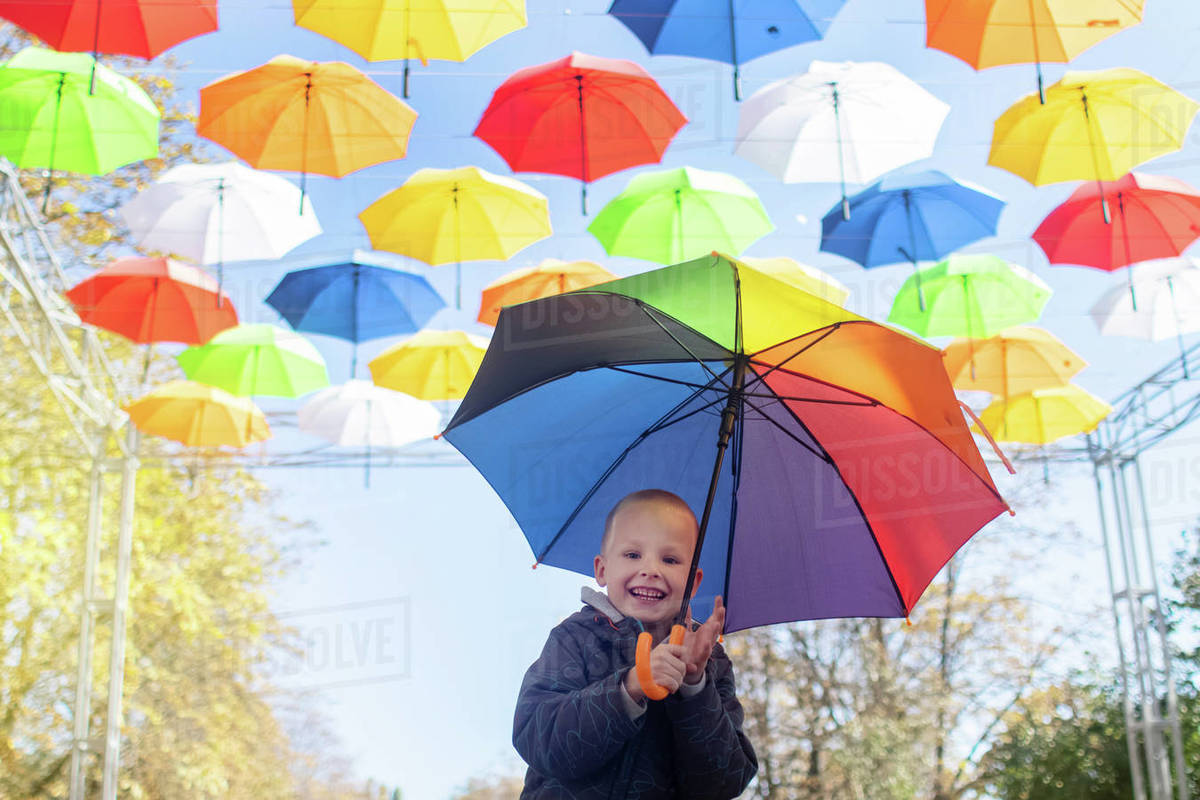 Colorful umbrellas. Bottom view. Conceptual art object. No labels or ...
