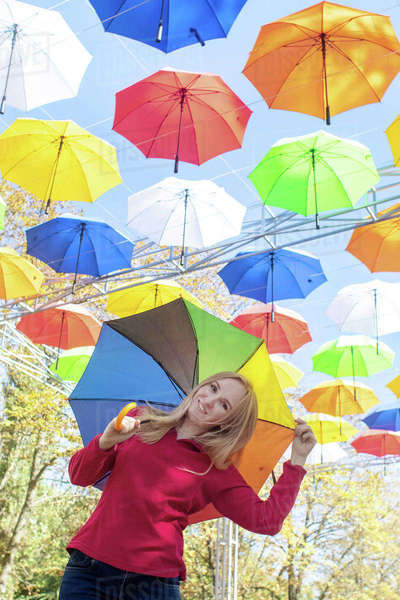 Colorful umbrellas. Bottom view. Conceptual art object. No labels or ...