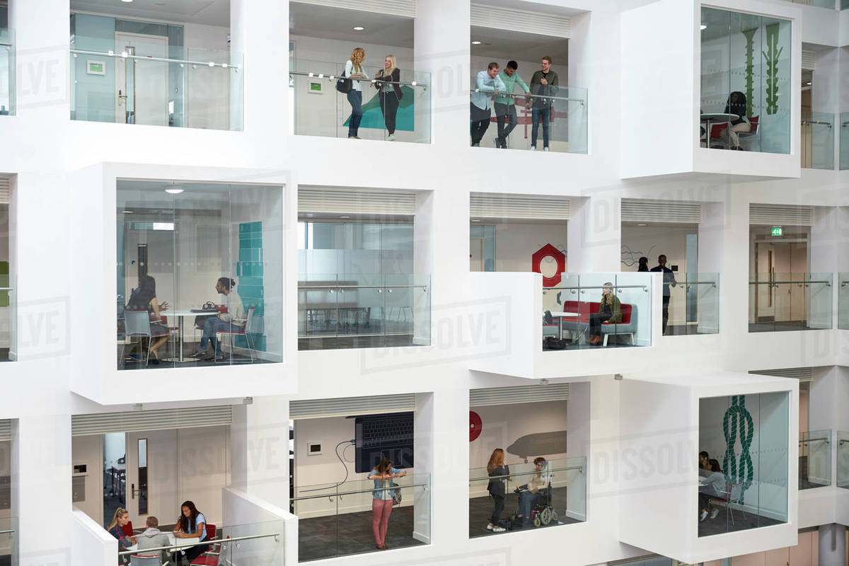 University atrium, rooms and balconies, seen from mezzanine - Royalty ...