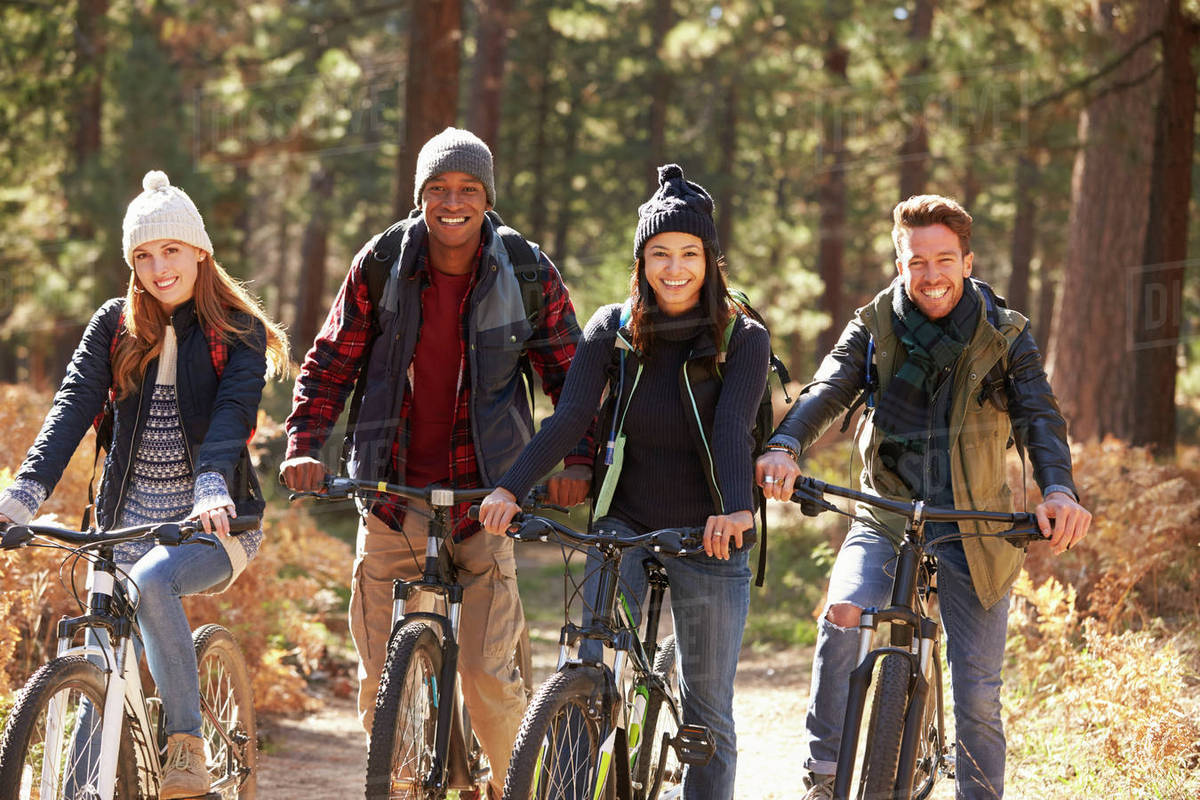 Group of four friends on bikes in a forest looking to camera - Royalty ...