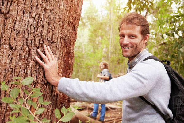 Man touching a tree in a forest, his son in the background - Royalty ...