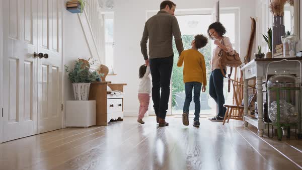 Rear View Of Family Leaving Home On Trip Out With Excited Children - 4K ...