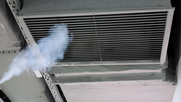 Checking the ventilation ducts with a smoke machine. - 4K Royalty-free ...