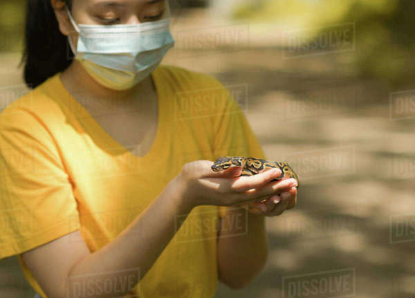 A teenage girl with a ball python in her hand, a girl in a mask and a ...
