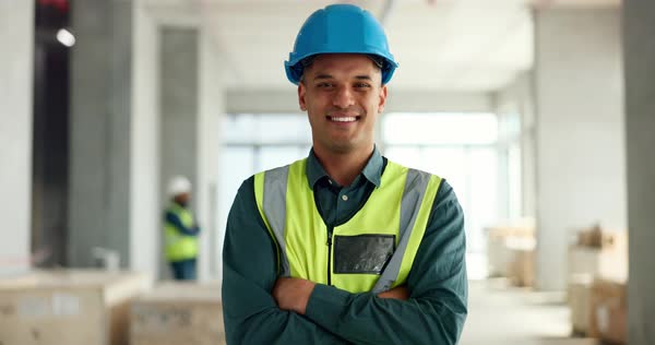 Construction, building and construction worker, man and smile in ...