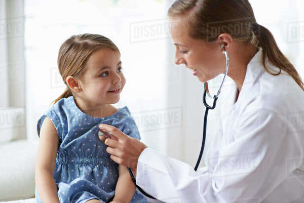 Woman, child and stethoscope of pediatrician for healthcare consulting ...