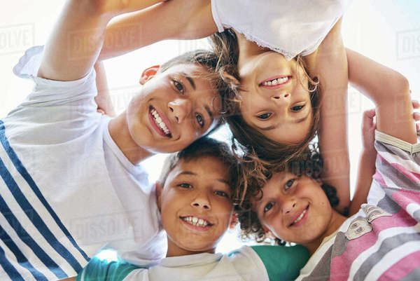 Face, children and family circle or a group of happy siblings together ...