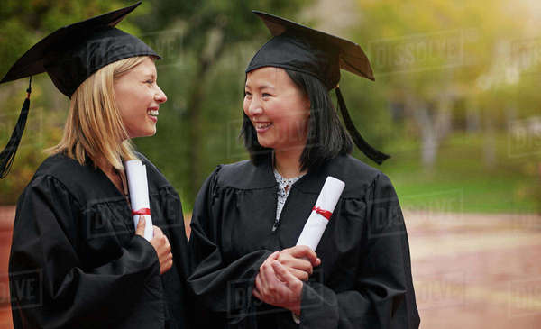 Graduation, girl friends and study certificate of students with happy ...