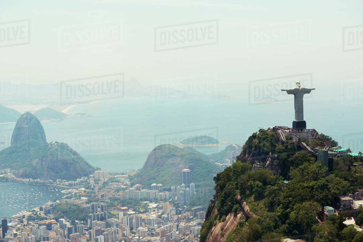 Brazil, monument and aerial of Christ the Redeemer on hill for tourism ...